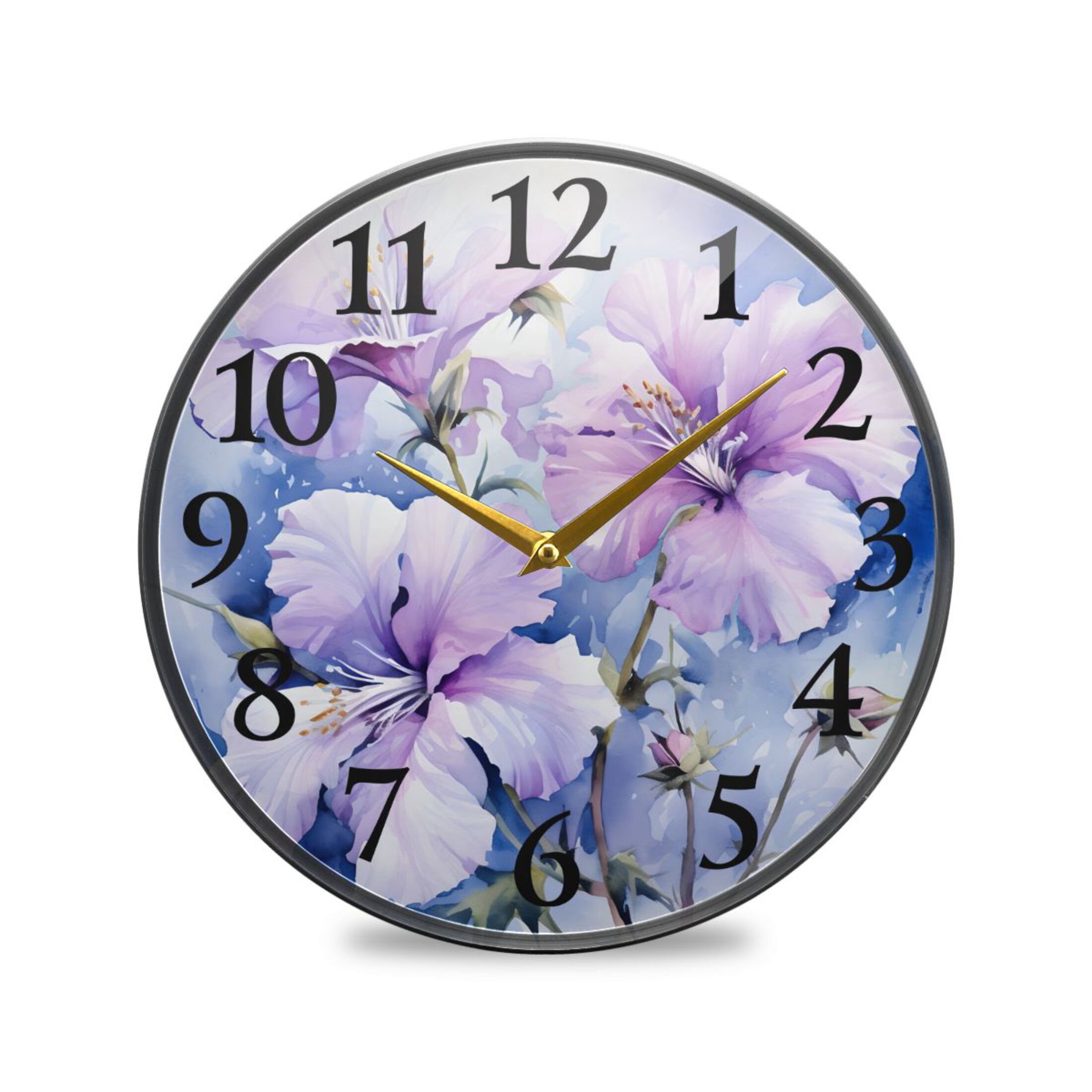 Purple Flowers Wall Clocks Battery Operated 9.5 Inch Round Clock ...