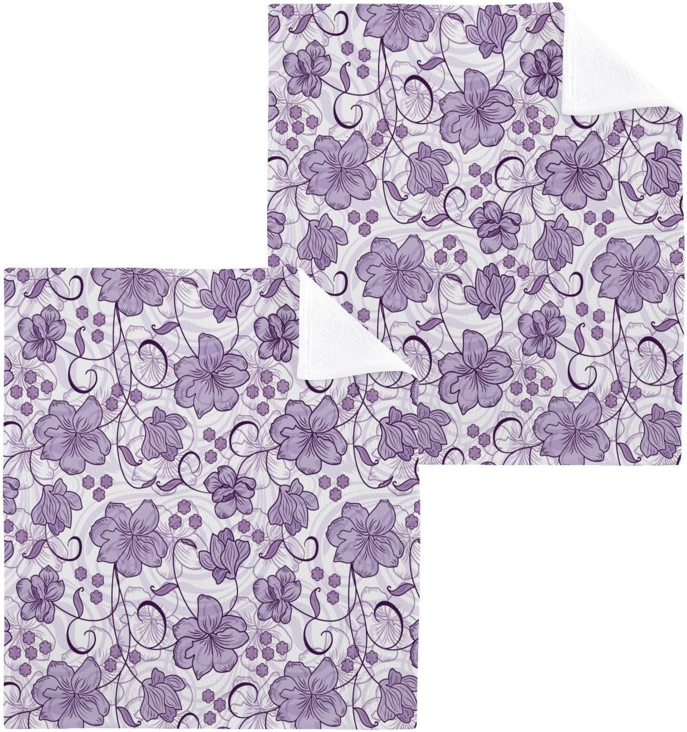 Purple Flowers Washcloth 12x12in Set, 6 Pack Absorbent Cotton Towel ...