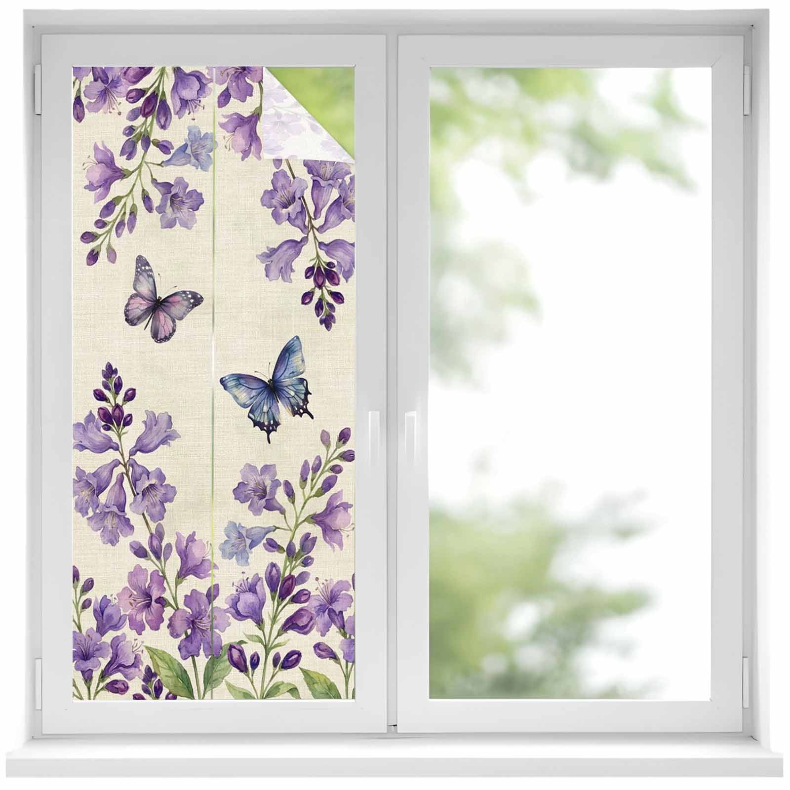 Purple Flowers Window Privacy Film, Butterfly Spring Floral Rustic ...