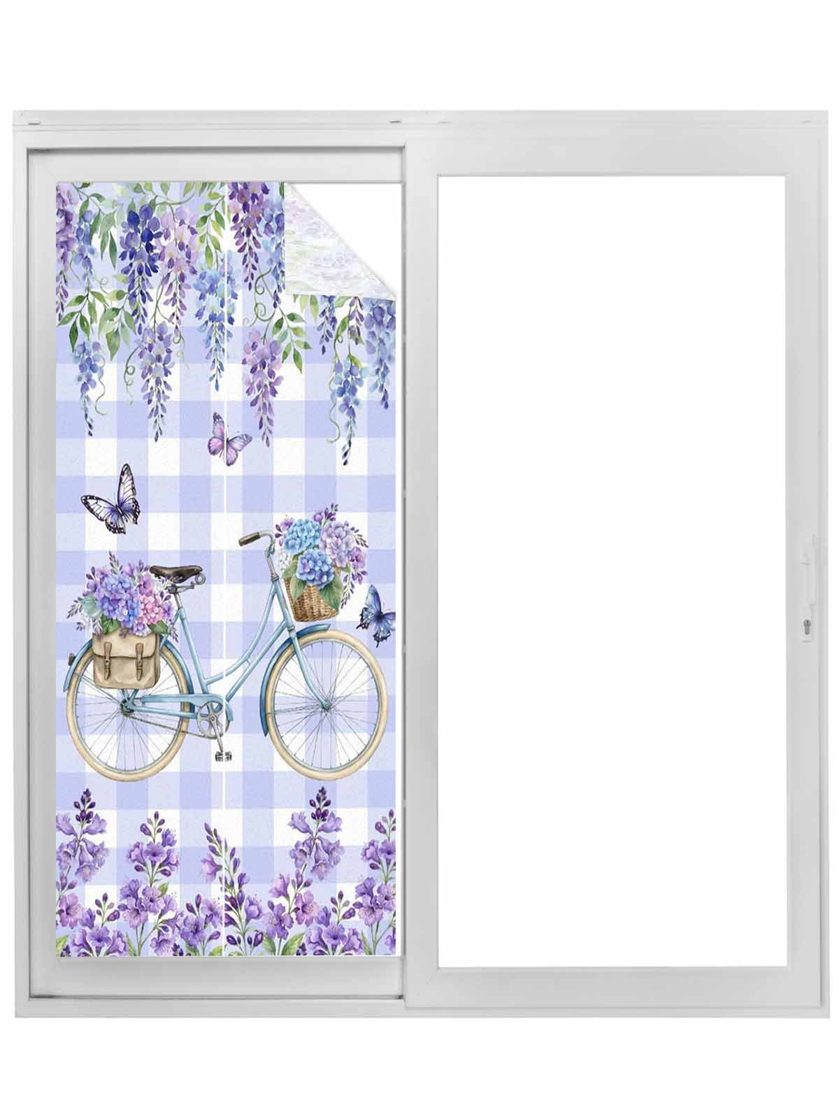 Purple Flowers Window Privacy Film, Weeping Spring Floral Bicycle ...