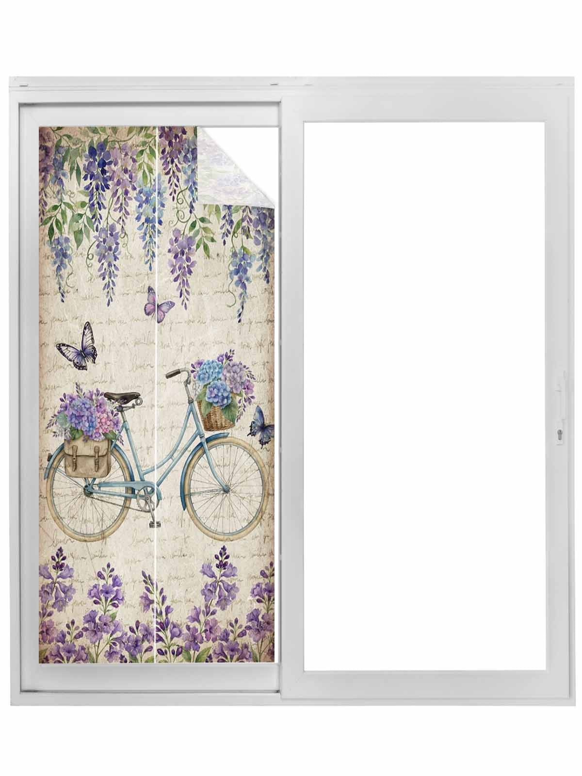 Purple Flowers Window Privacy Film, Weeping Spring Floral Bicycle Retro ...