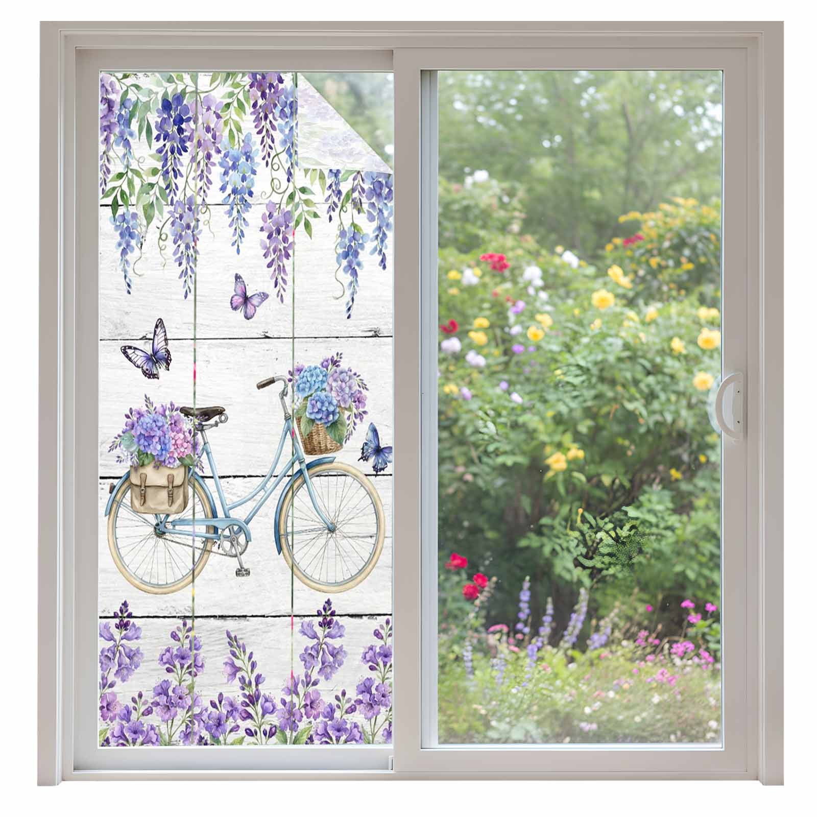 Purple Flowers Window Privacy Film, Weeping Spring Floral Bicycle ...