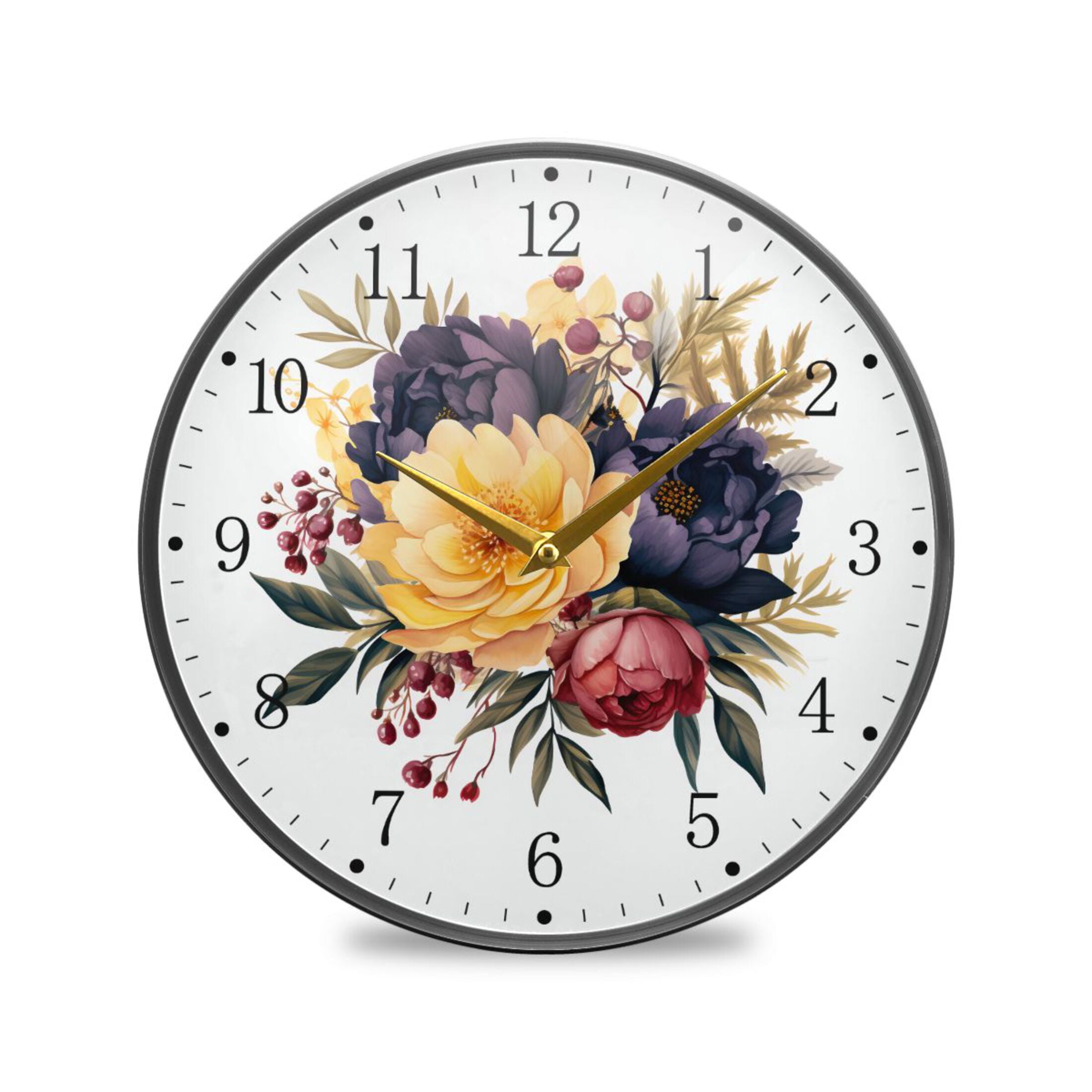Purple Flowers Yellow Acrylic Wall Clocks Quiet Round Clock Battery ...
