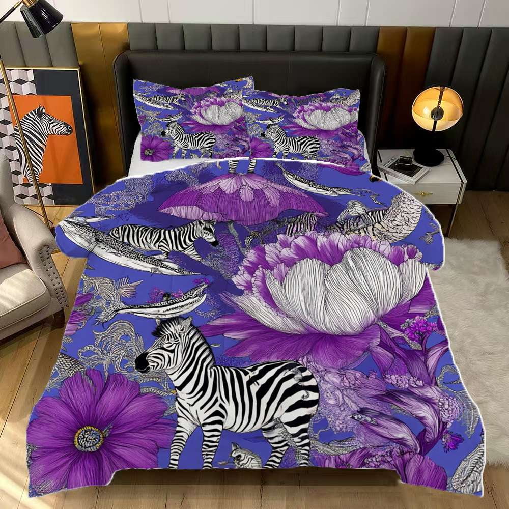 Purple Flowers Zebras Underwater Scene Comforter Set Queen Size Bedding ...
