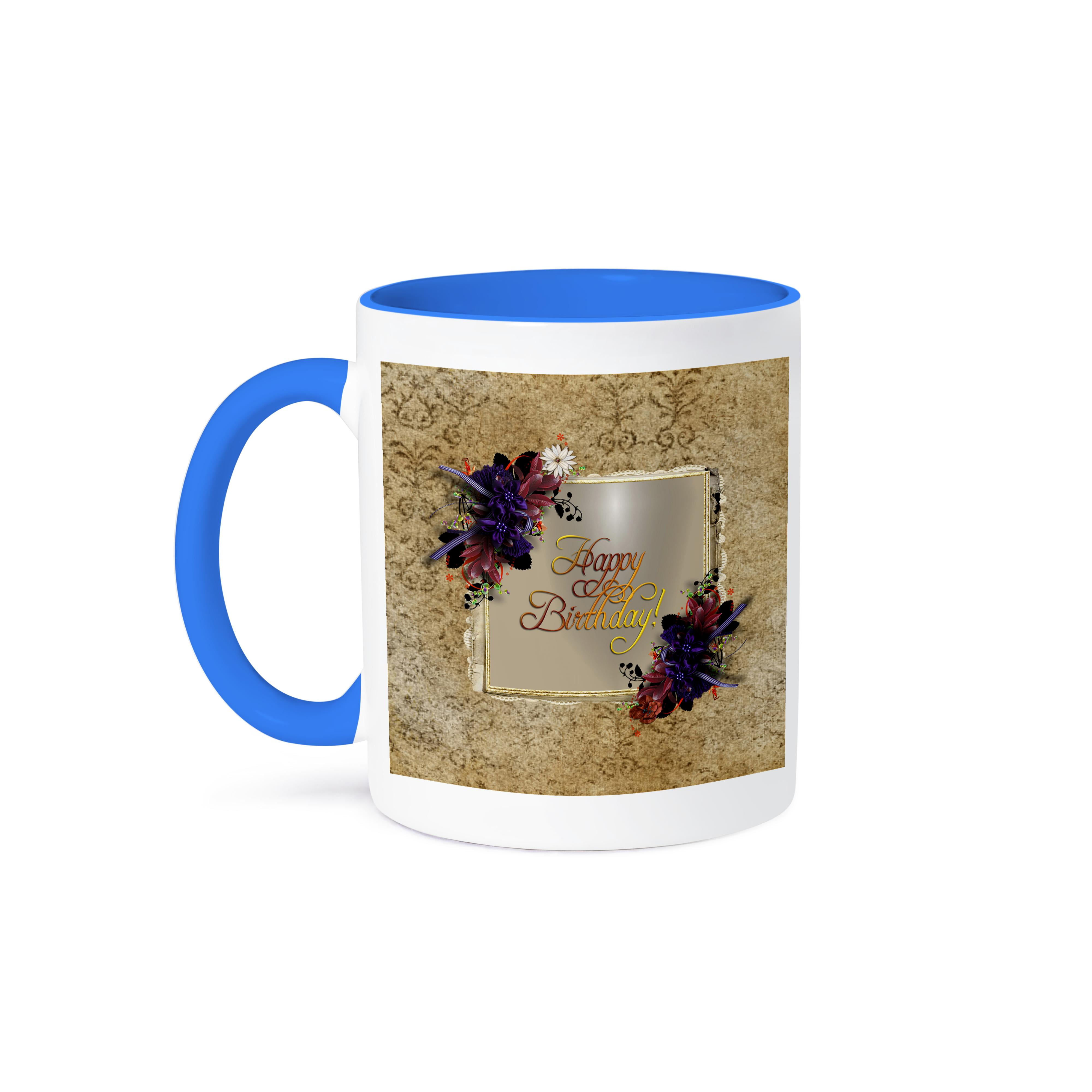 3dRose, Purple Flowers on Gold Frame with Damask Design, Happy Birthday, 15oz Two-Tone Blue Mug ...