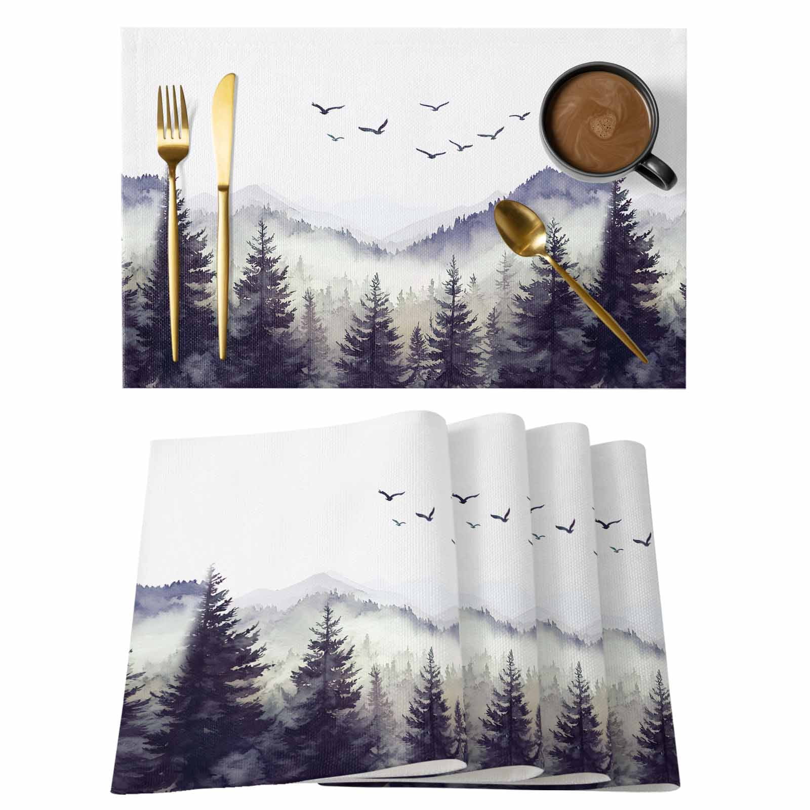 Purple Foggy Forest Placemats Set of 8 Country Mountain Birds Pine ...