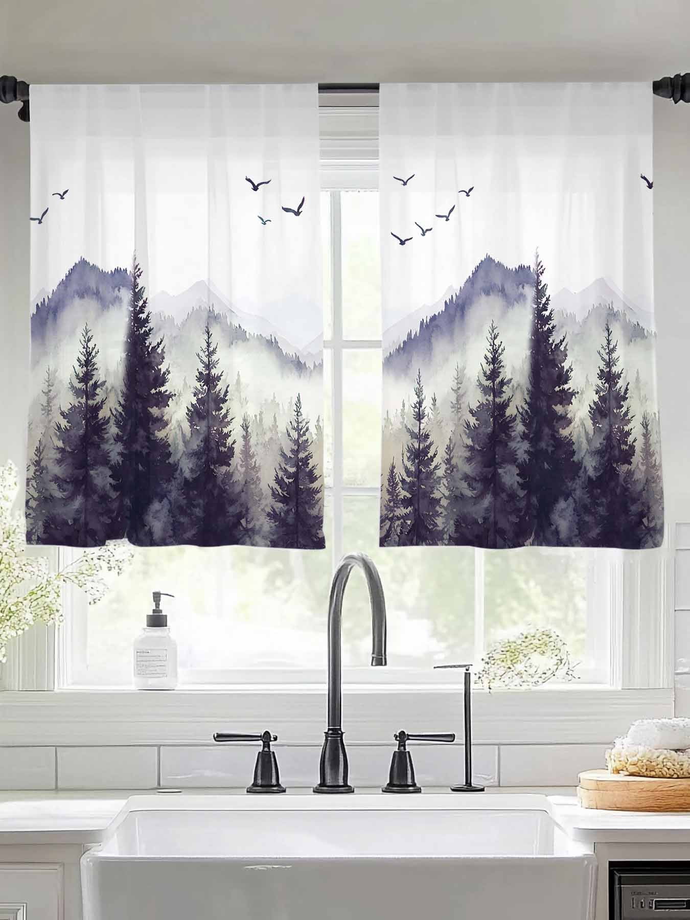 Purple Foggy Forest Sheer Curtains for Living Room Bedroom Country ...
