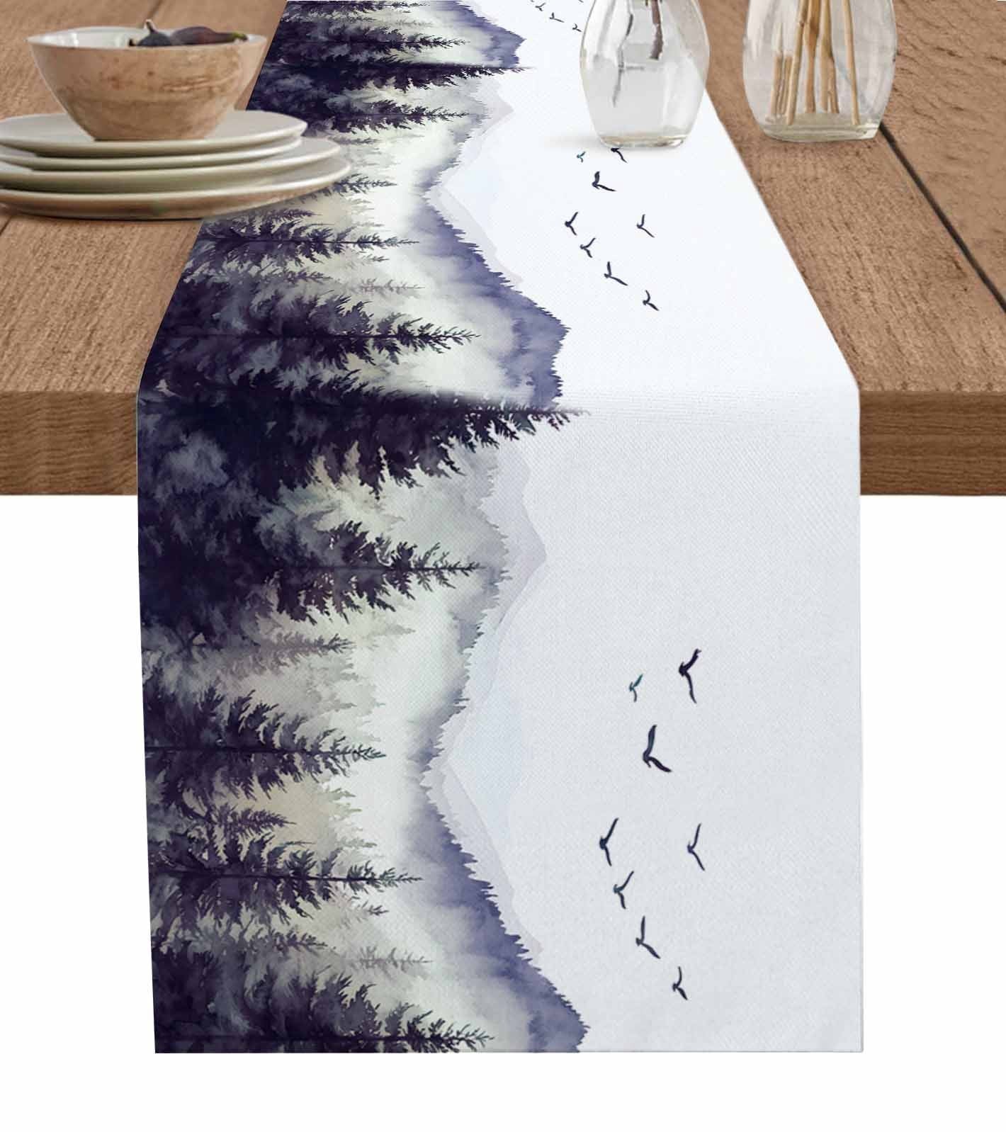 Purple Foggy Forest Table Runner 90 Inches, Country Mountain Birds Pine ...