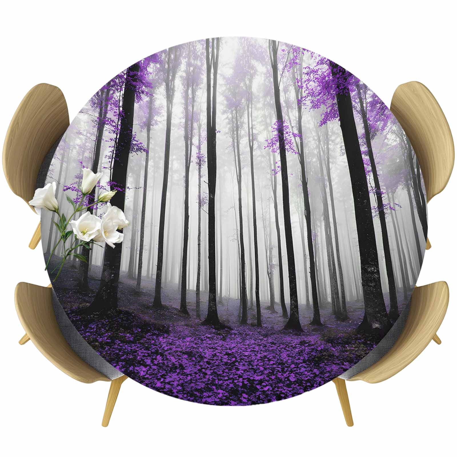 Purple Forest Round Tablecloth, Fitted Table Cover with Elastic for 45 ...