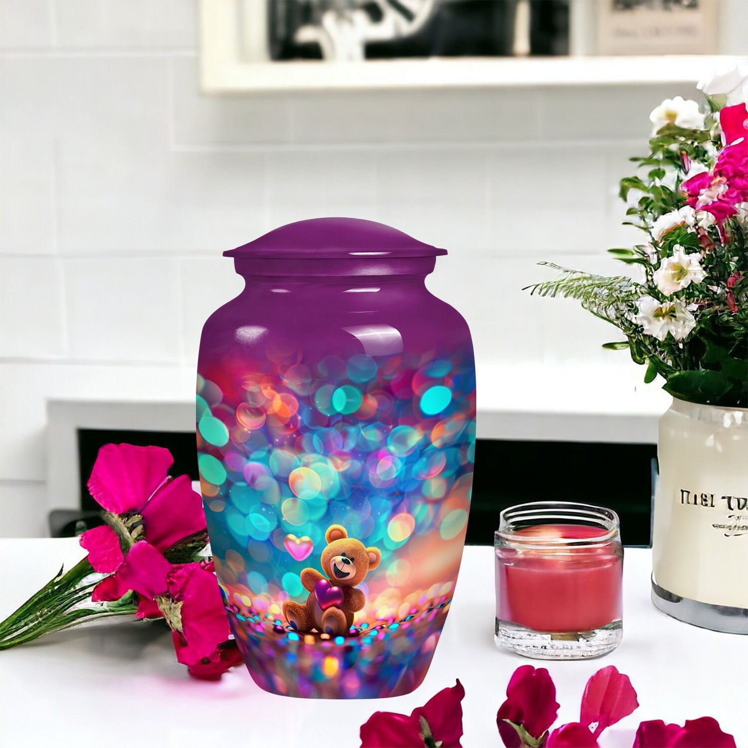 Purple Funeral Urn with Teddy Bear Design - Cremation Ashes Holder ...