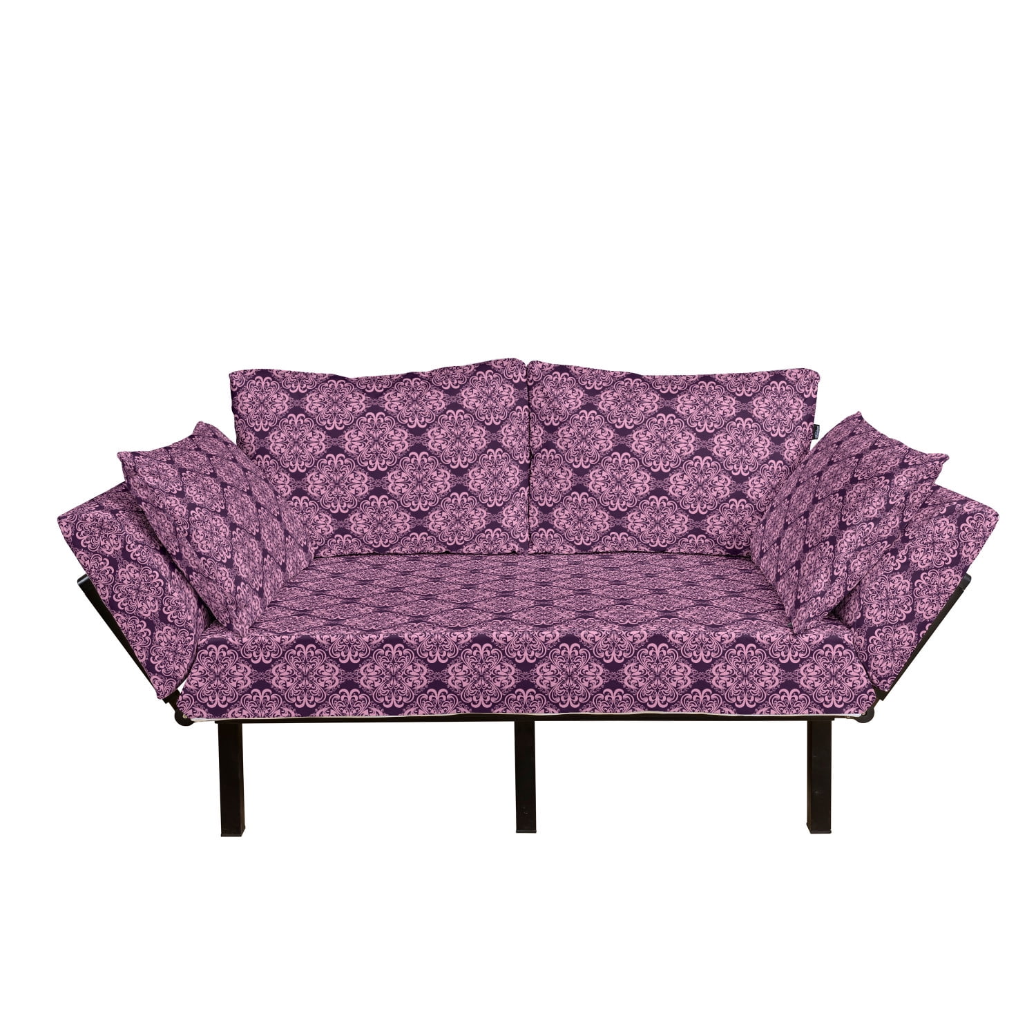 Purple Futon Couch, Victorian Romantic Damasked Floral Oriental Swirl ...