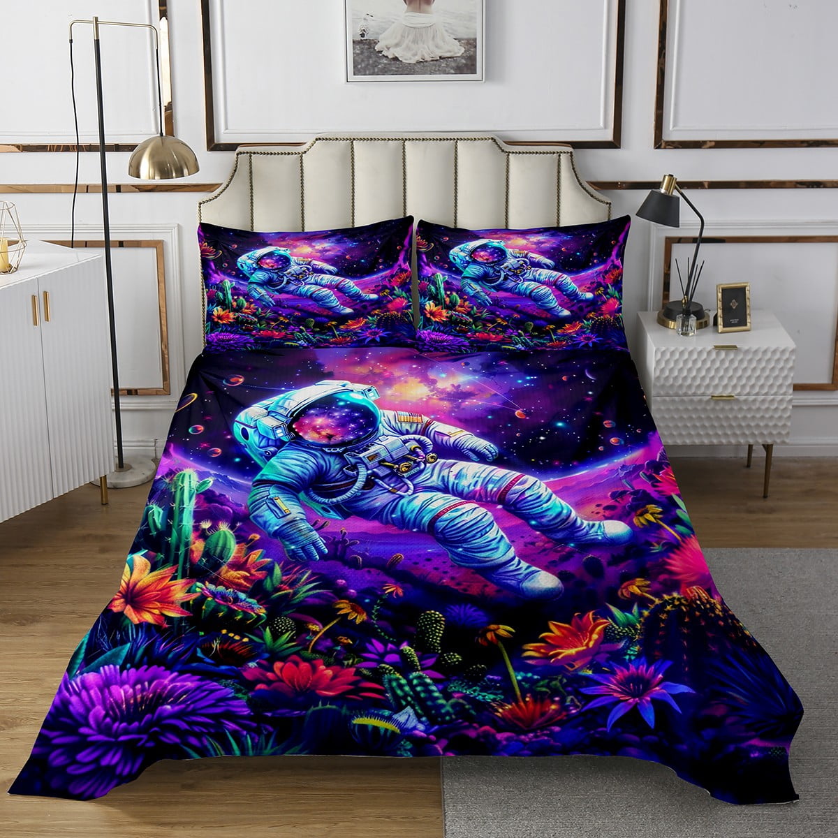 Purple Galaxy Astronaut Queen Quilt Set,Outer Space Planet Bedding Set ...