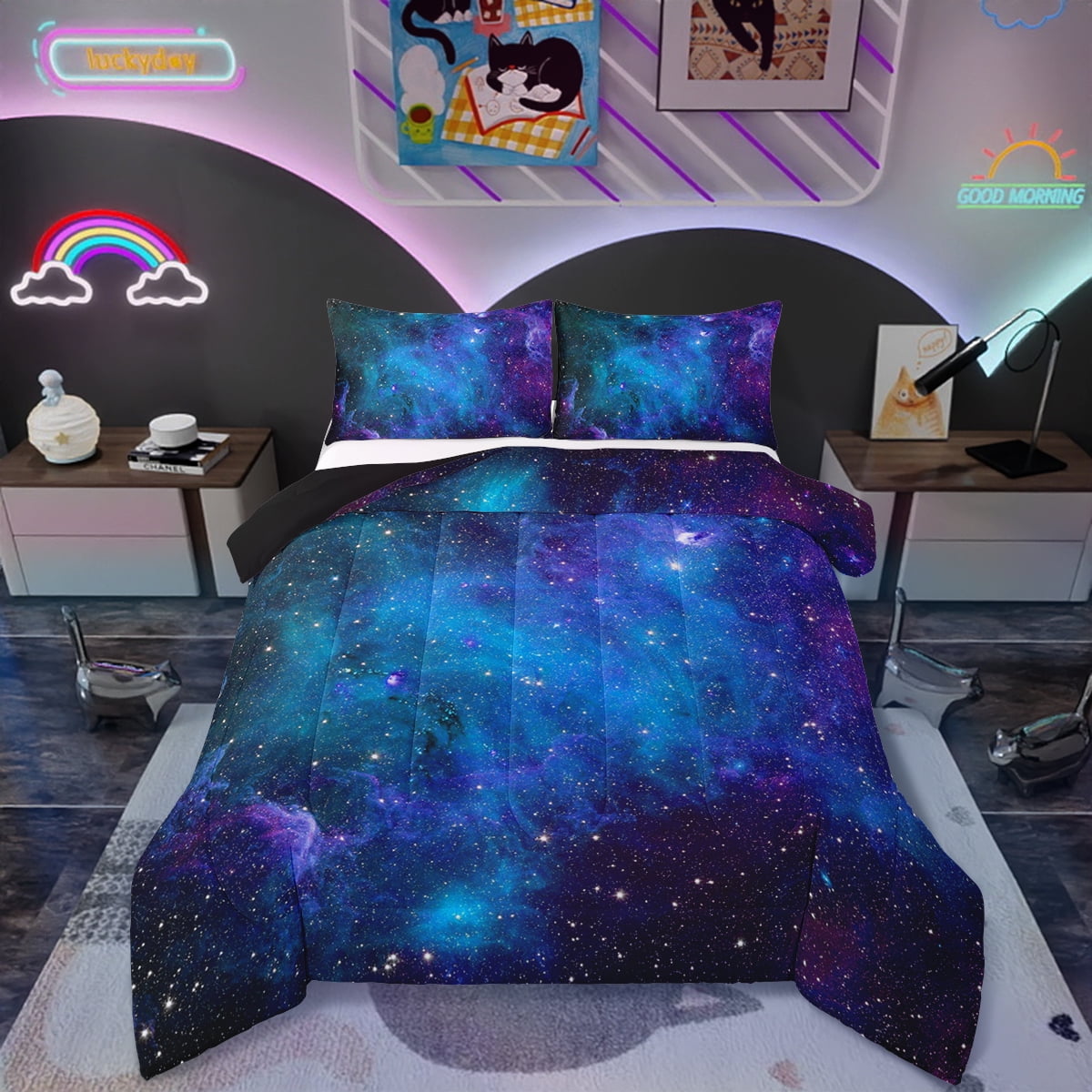 Purple Galaxy Comforter Moon Star Bedding Sets Full Night Starry Sky ...