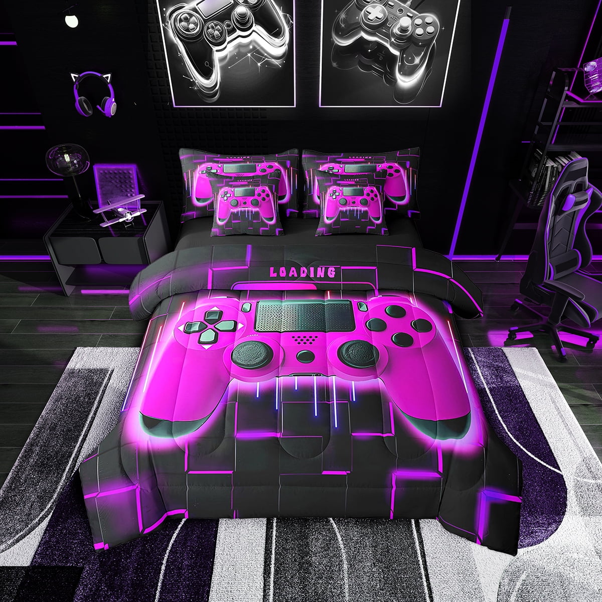 Purple Gaming Bed in a Bag Queen Comforter Set 7 Piece,Gamer Bedding ...