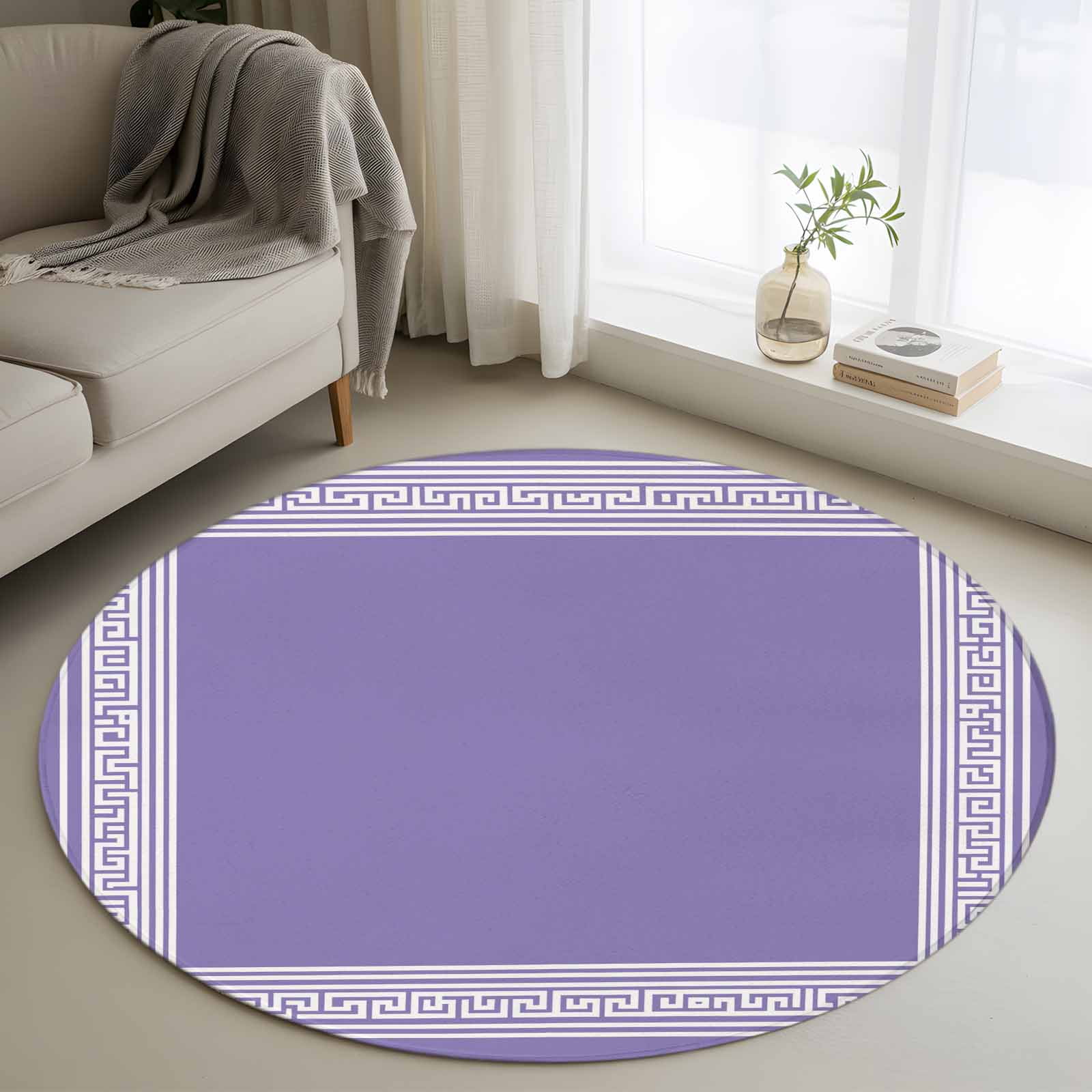 Purple Geometric 3.3ft Round Rug, White Greek Key Design Abstract ...