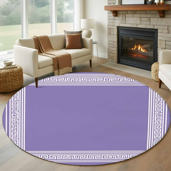 Purple Geometric 5ft Round Rug, White Greek Key Design Abstract Modern ...