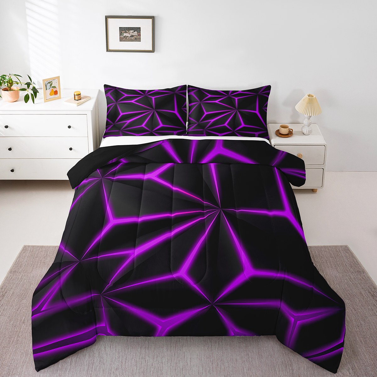 Purple Geometric Bedding Comforter Sets King Size Women,Luxury Neon ...