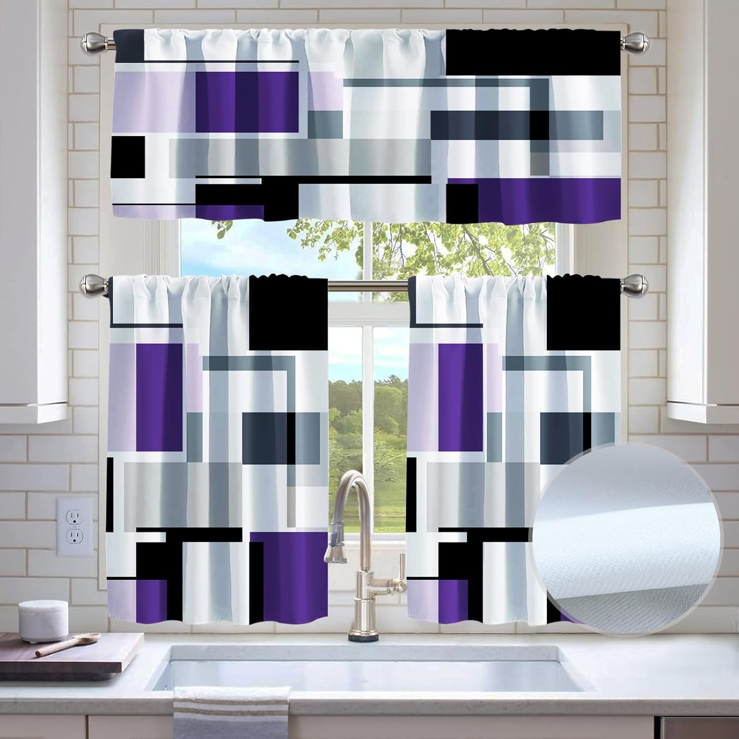 Purple Geometric Blackout Kitchen Window Tier Curtains and Valance Set ...