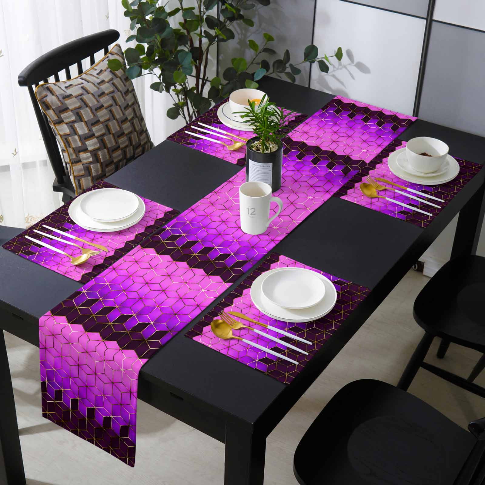 Purple Geometric Placemats Set of 6 with 90 Inches Long Table Runners ...