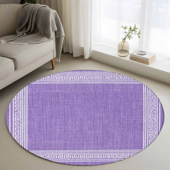 Purple Geometric Round Rugs 4ft, White Greek Key Design Burlap Modern ...