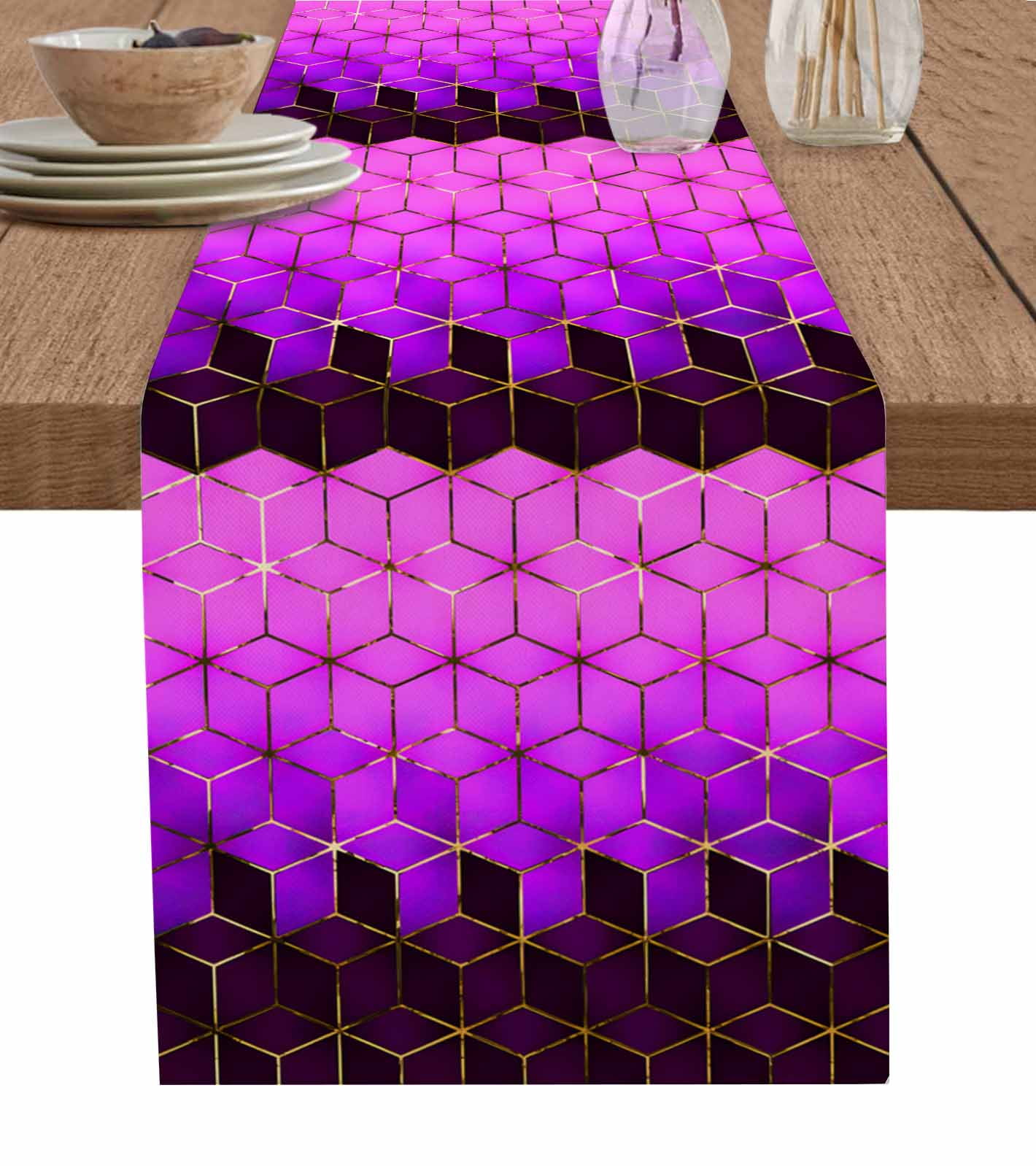 Purple Geometric Table Runner Gradient Black Gold Mottled Comb Grid ...