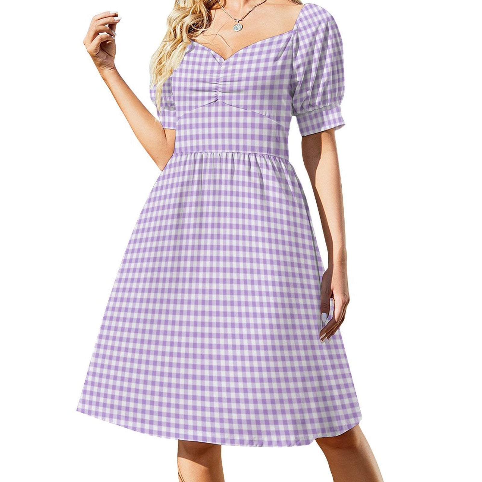 Purple Gingham Classic Short Sleeved Dress Long dress woman summer ...
