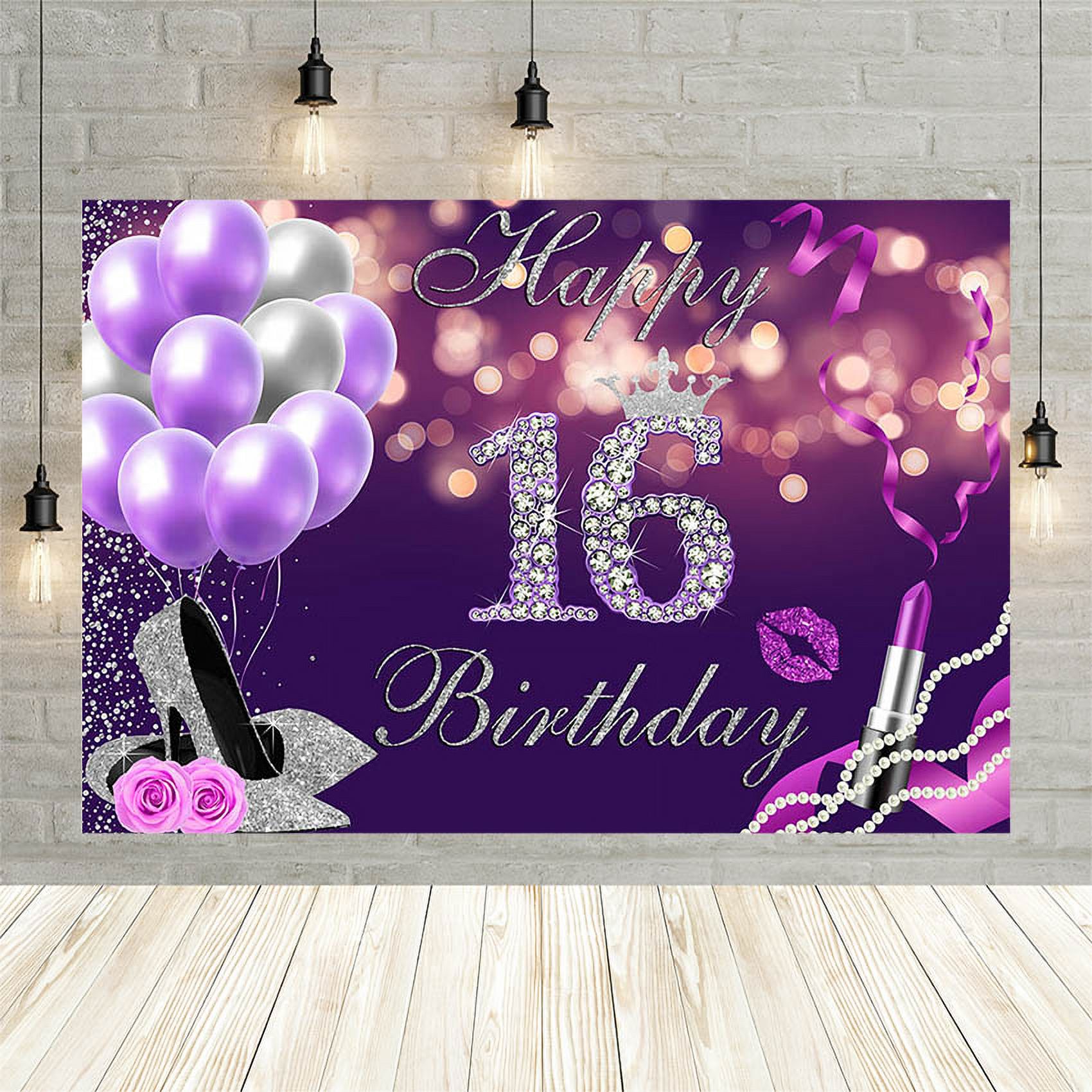 Purple Girl Sweet 16th Birthday Decoration Backdrop Balloons Lipstick Glitter Bokeh Sixteen ...