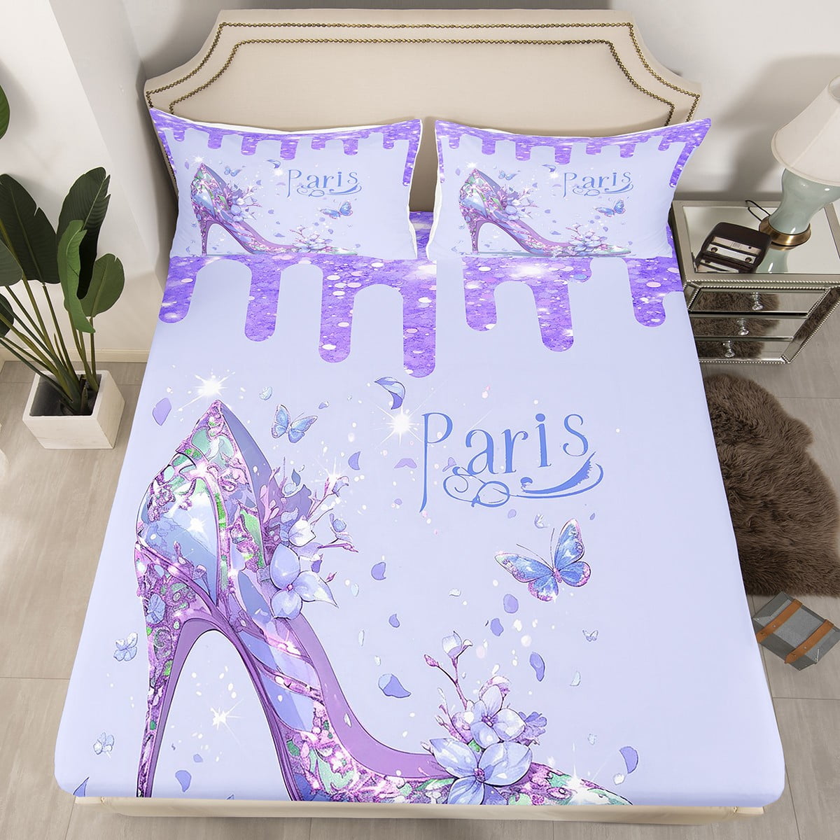 Purple Girly Fitted Sheet Purple Stripe Bed Sheets Modern Fashion Woman ...