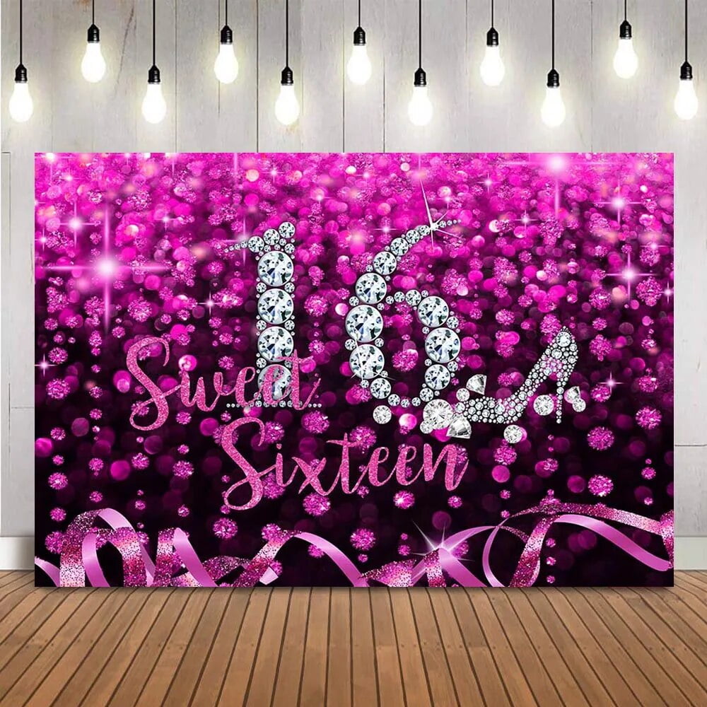 Purple Glitter Birthday Backdrop 16th Sixteen Photo Background Sweet 16 ...