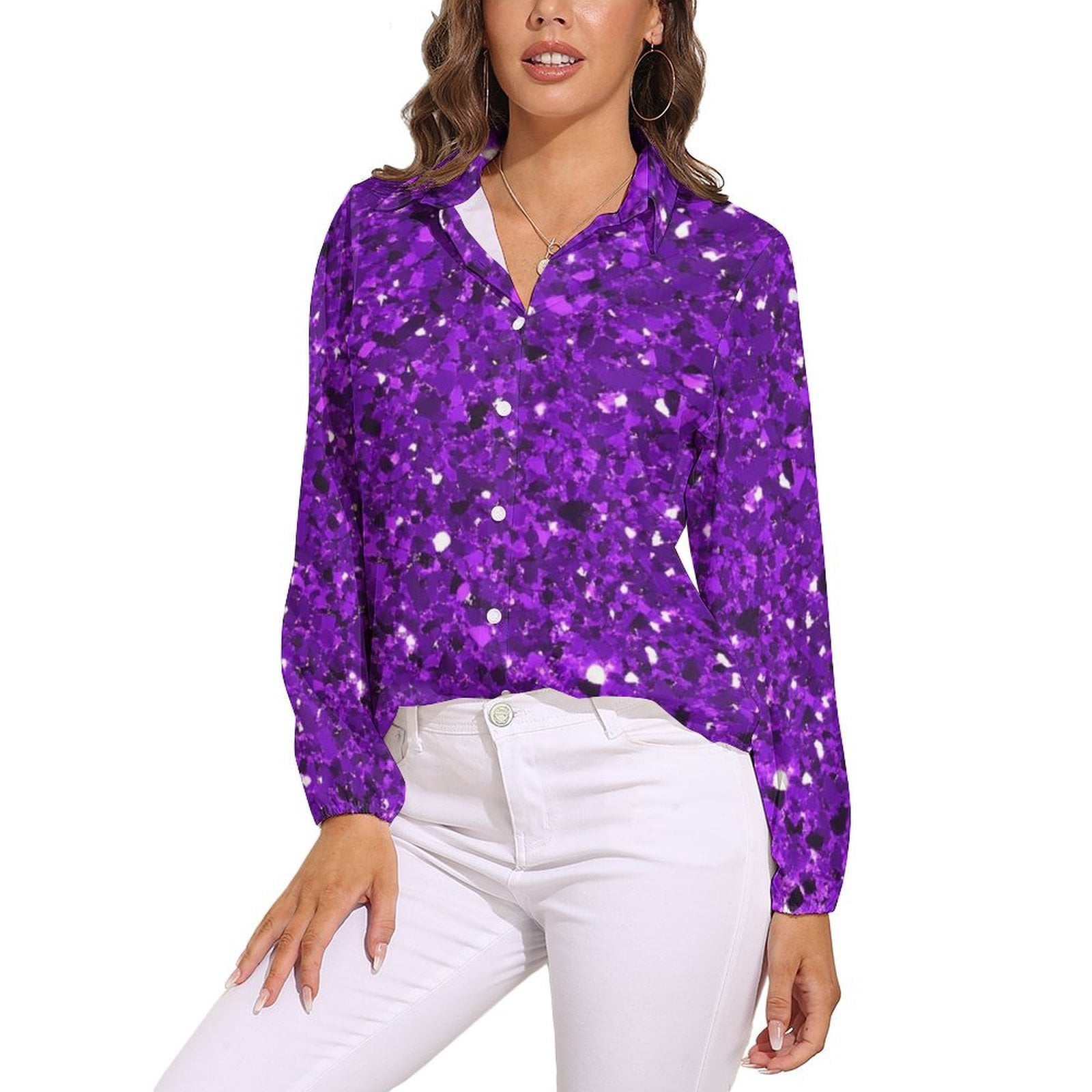 Purple Glitter Sparkle-2 Vntage Casual Long Sleeve Shirt Blouse Woman ...