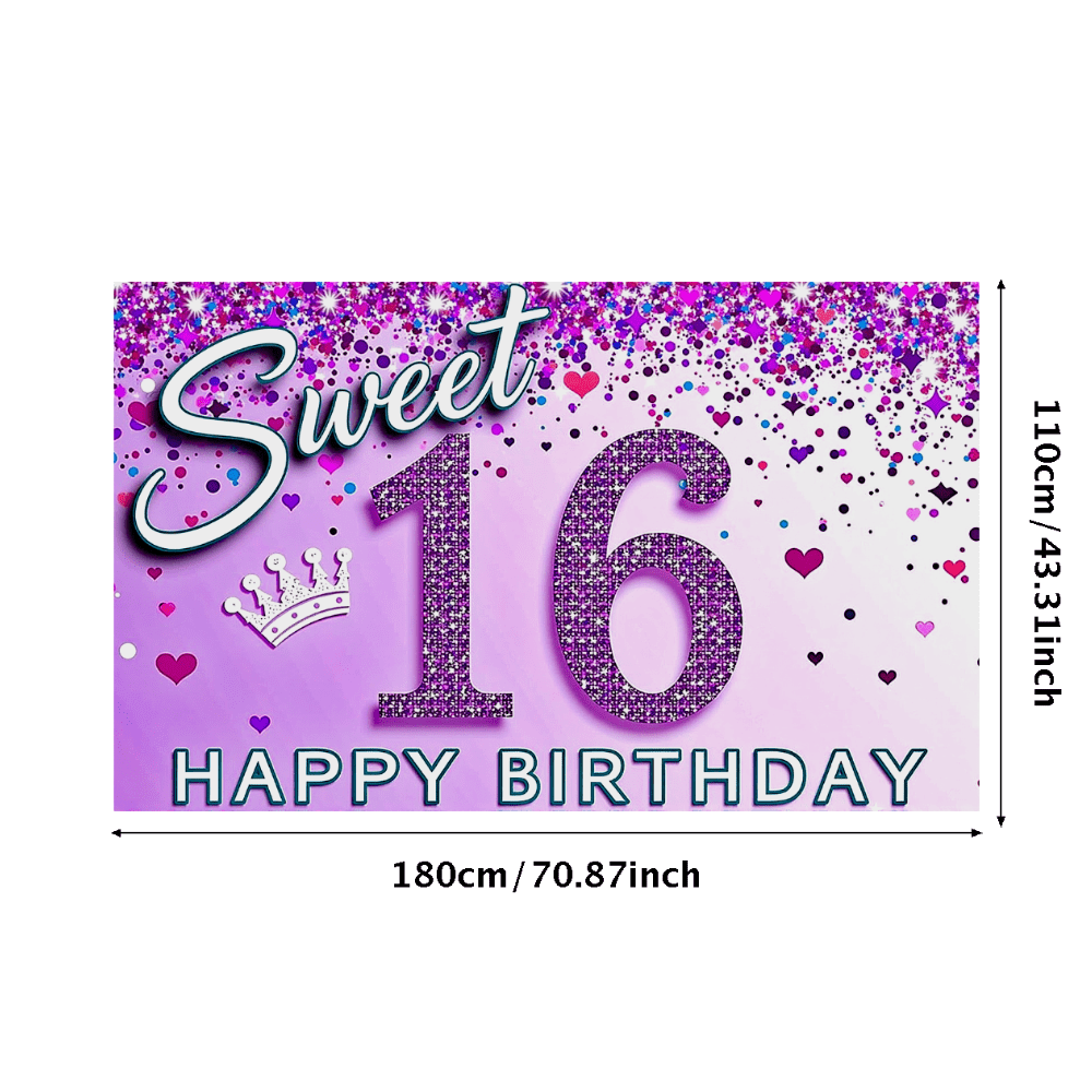 Purple Glittery Number 16 Birthday Backdrop Banner with Crown Element ...