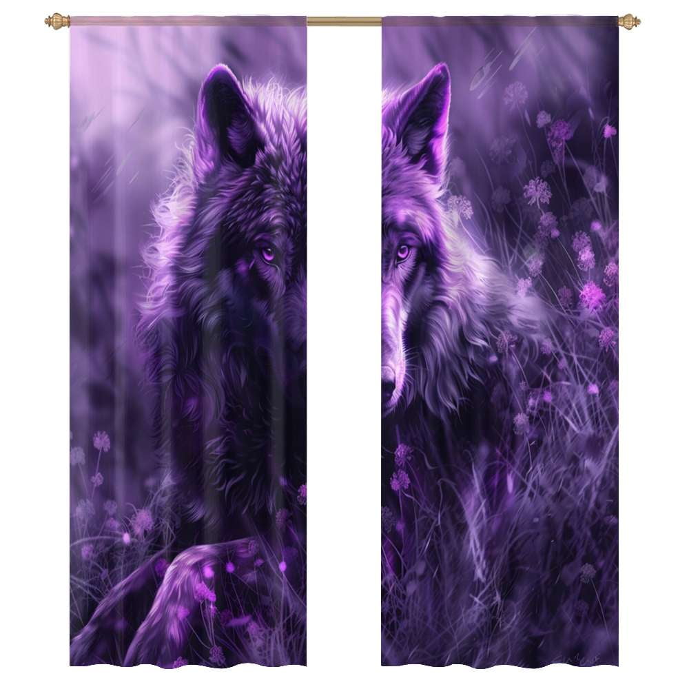 Purple Glowing Wolf Modern Tulle Window Curtains for Living Room Luxury ...