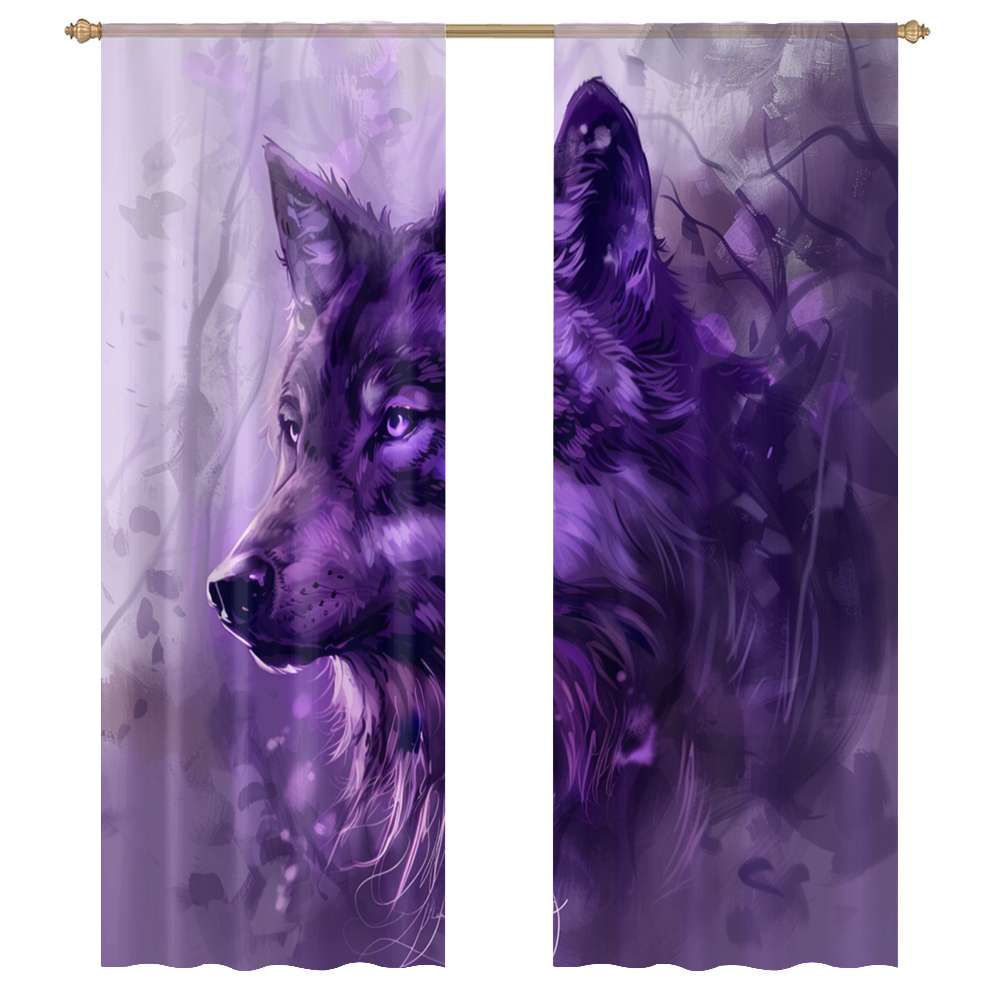 Purple Glowing Wolf Modern Tulle Window Curtains for Living Room Luxury ...