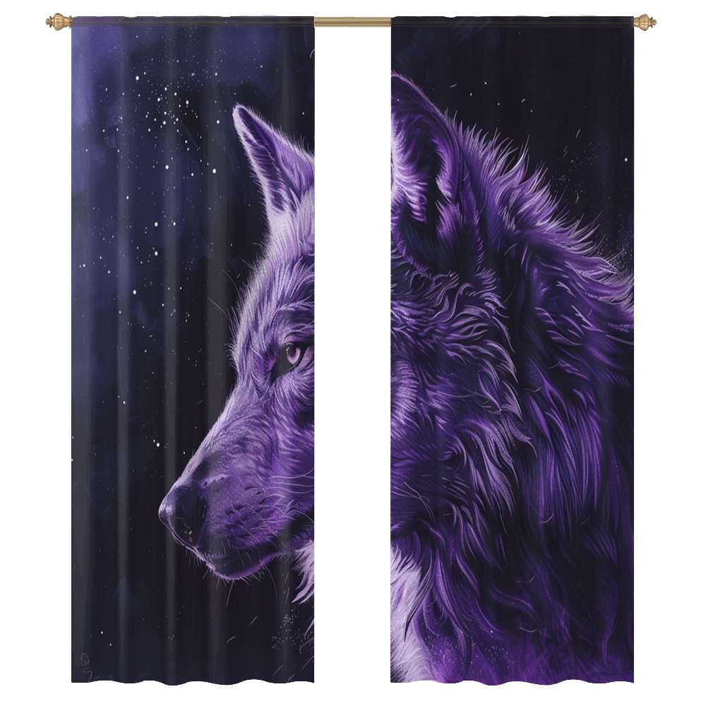 Purple Glowing Wolf Tulle Curtains For Living Room Chiffon Sheer Voile ...