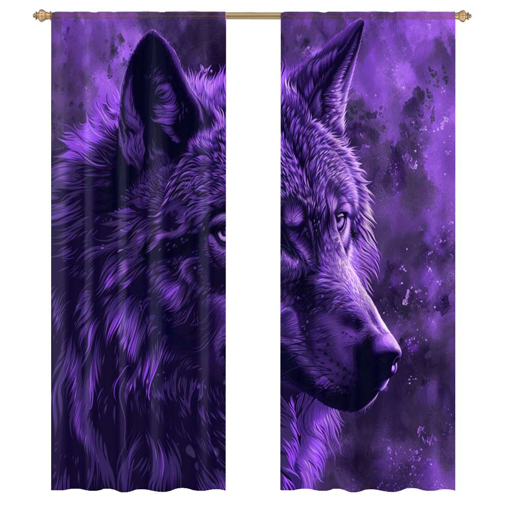 Purple Glowing Wolf Tulle Curtains For Living Room Chiffon Sheer Voile ...