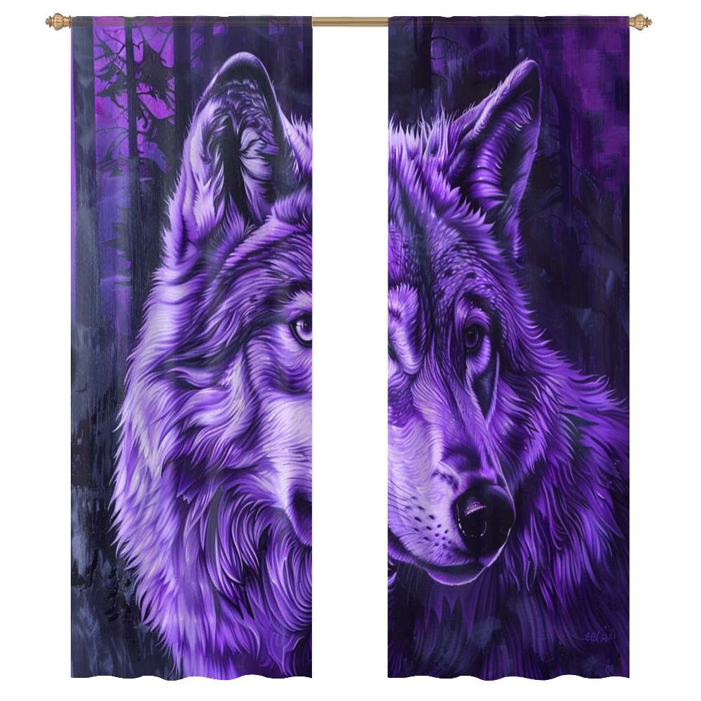 Purple Glowing Wolf Tulle Curtains For Living Room Chiffon Sheer Voile ...