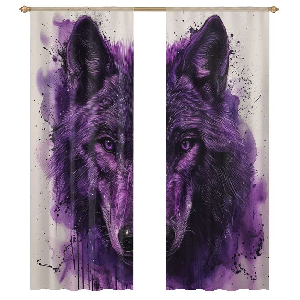Purple Glowing Wolf Tulle Curtains For Living Room Chiffon Sheer Voile ...