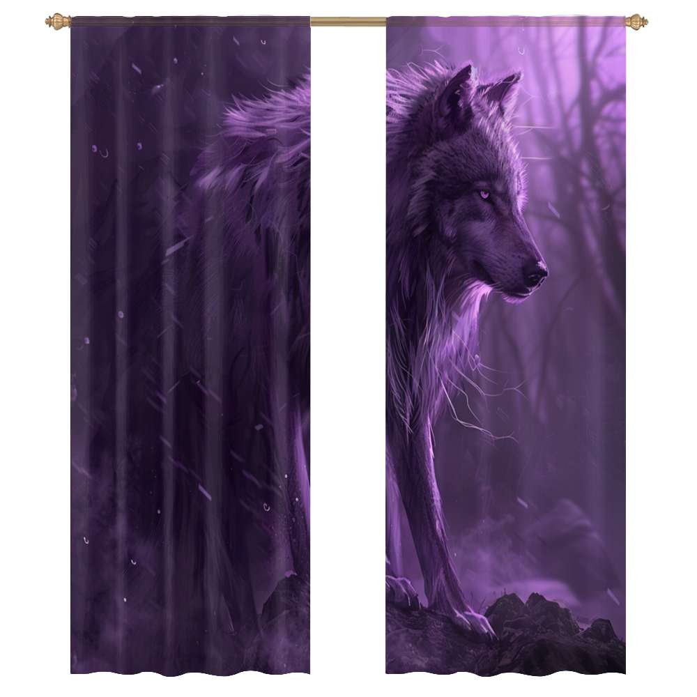 Purple Glowing Wolf Tulle Curtains For Living Room Chiffon Sheer Voile ...