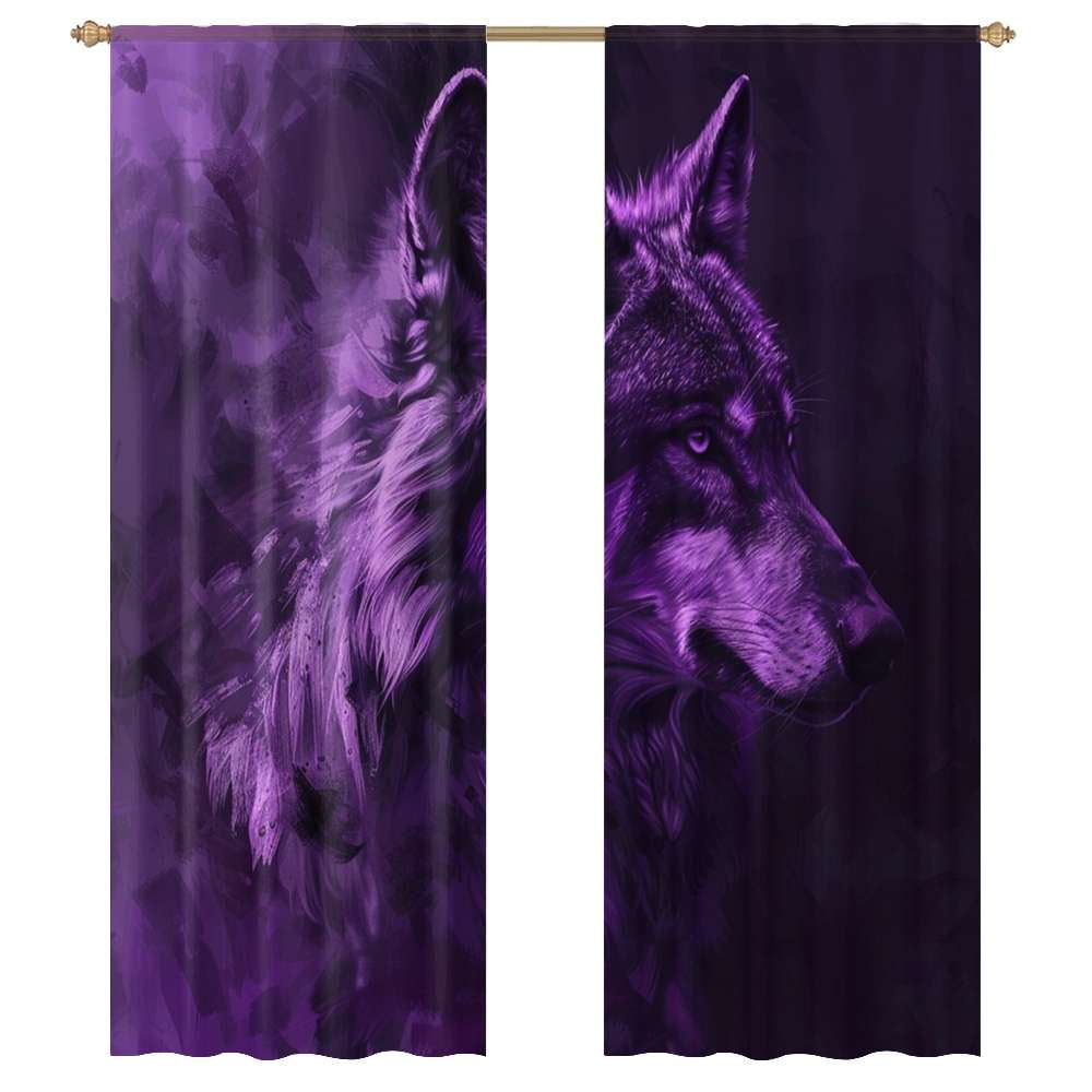 Purple Glowing Wolf Tulle Curtains For Living Room Chiffon Sheer Voile ...