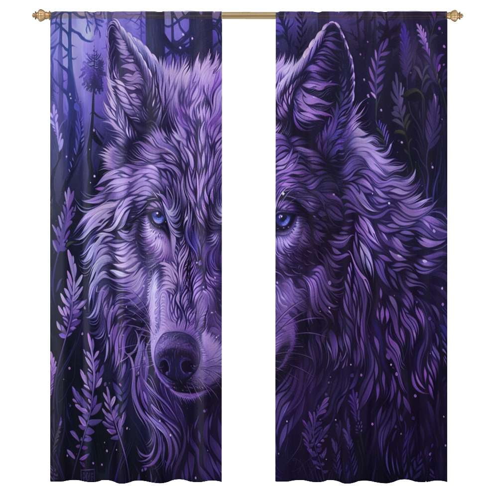 Purple Glowing Wolf Tulle Curtains For Living Room Chiffon Sheer Voile ...