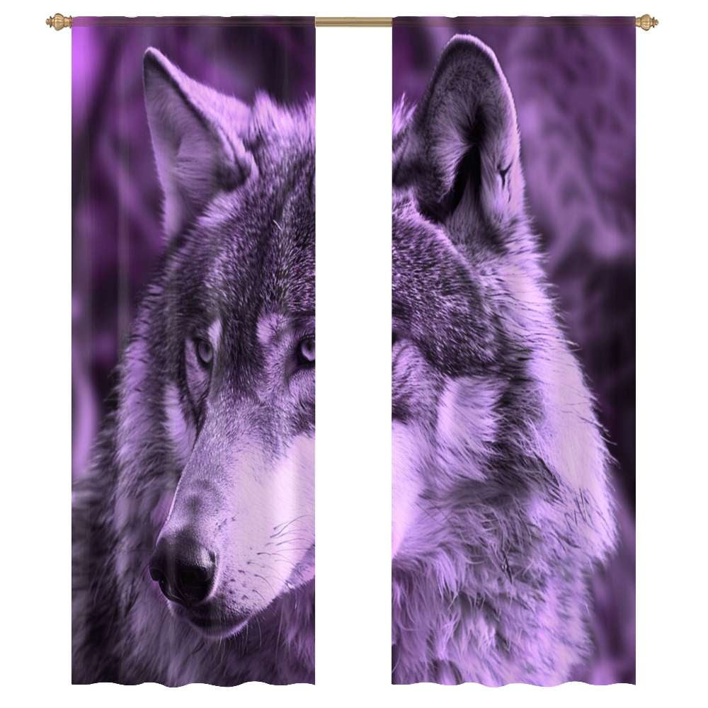 Purple Glowing Wolf Tulle Curtains For Living Room Chiffon Sheer Voile ...