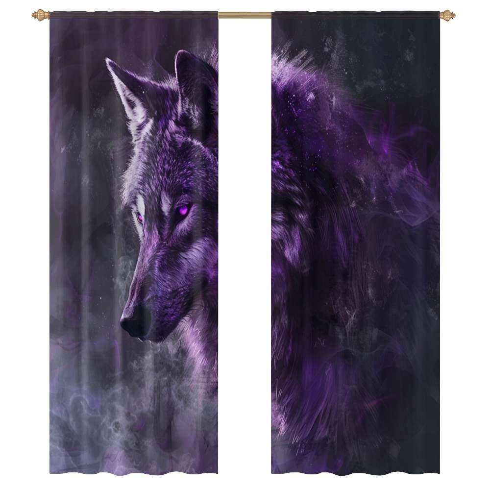 Purple Glowing Wolf Tulle Curtains For Living Room Chiffon Sheer Voile ...