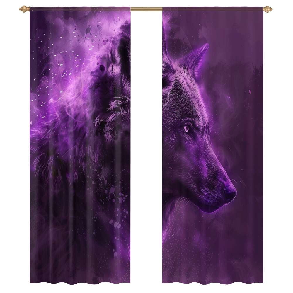 Purple Glowing Wolf Tulle Curtains For Living Room Chiffon Sheer Voile ...