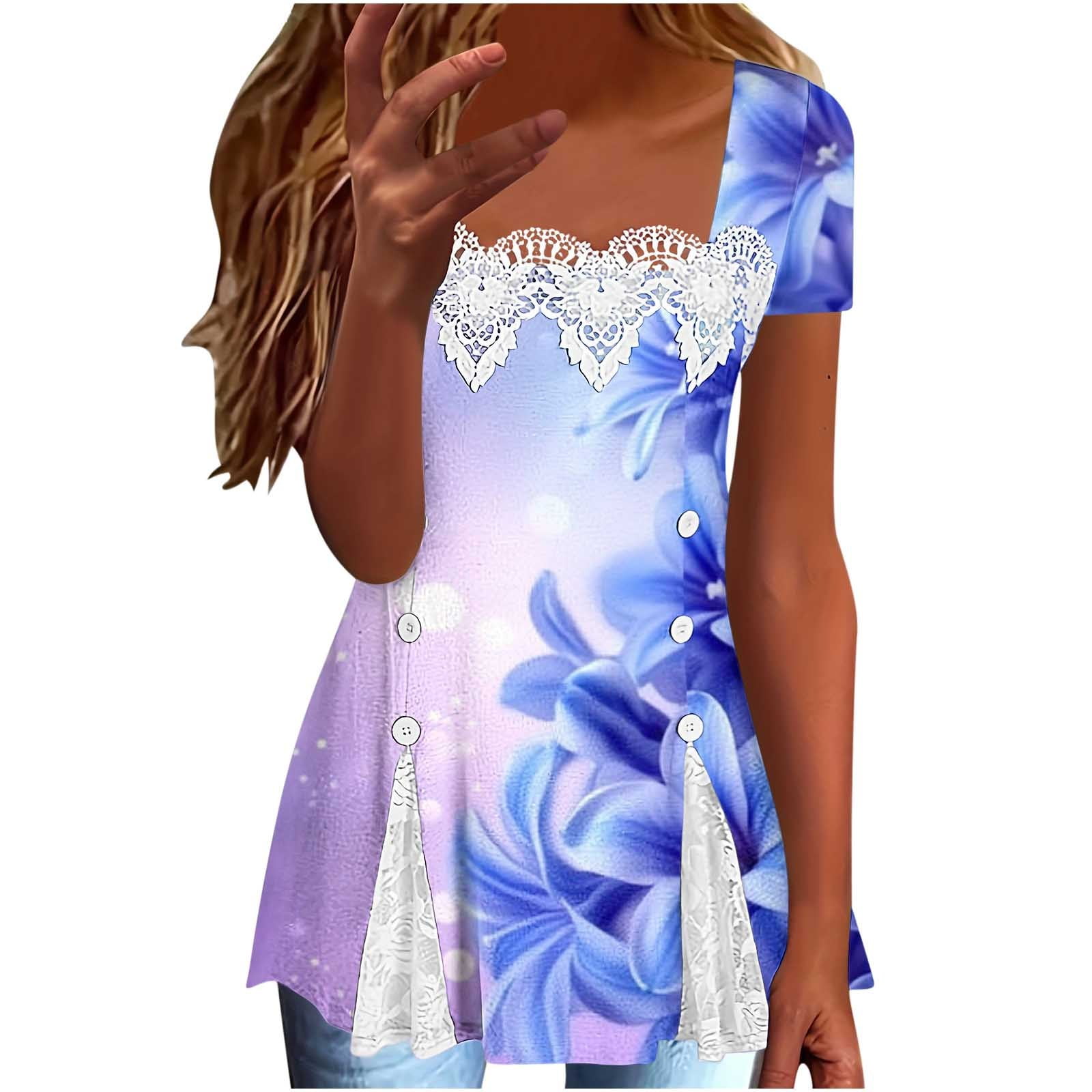 Purple Going Out Shirts for Women Fall Summer Short Sleeve Square Neck ...