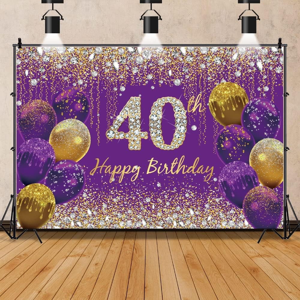 Purple Gold 40th Birthday Backdrop Dimand 40 Years Old Background ...