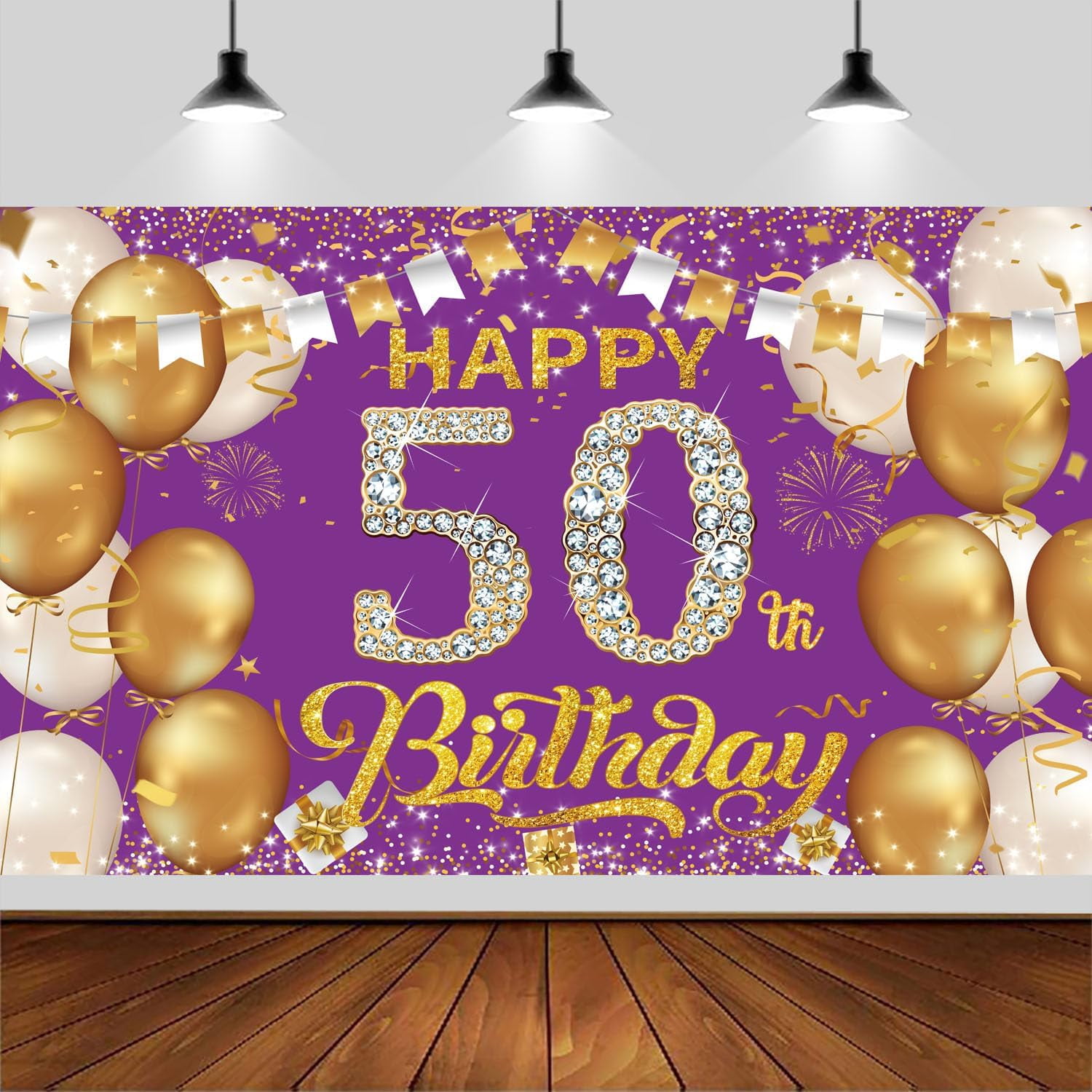 Purple Gold 50th Happy Birthday Backdrop,Pink Gold Happy Birthday ...