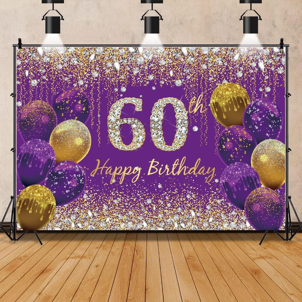 Purple Gold 60th Birthday Backdrop Dimand 60 Years Old Background ...