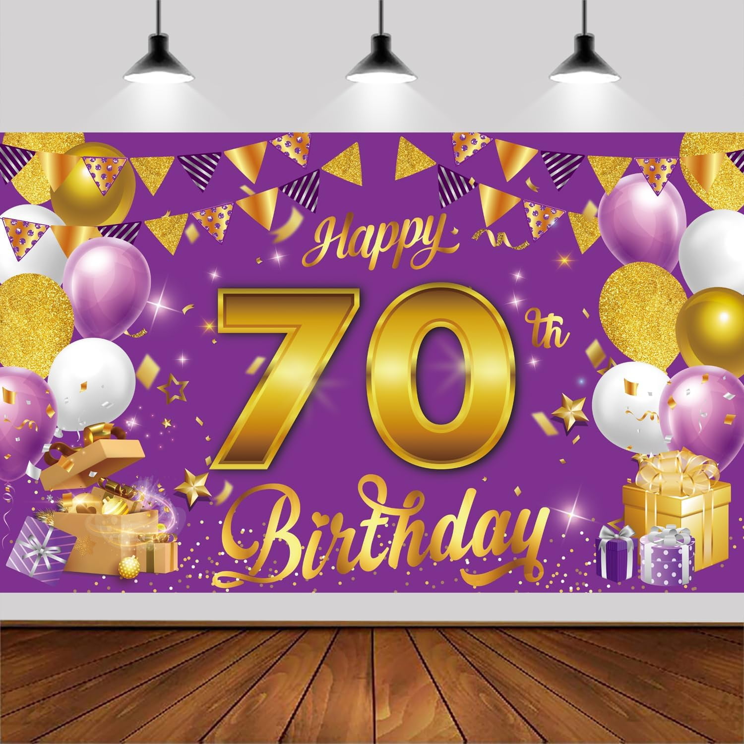 Purple Gold 70th Happy Birthday Backdrop,Purple Gold Happy Birthday ...