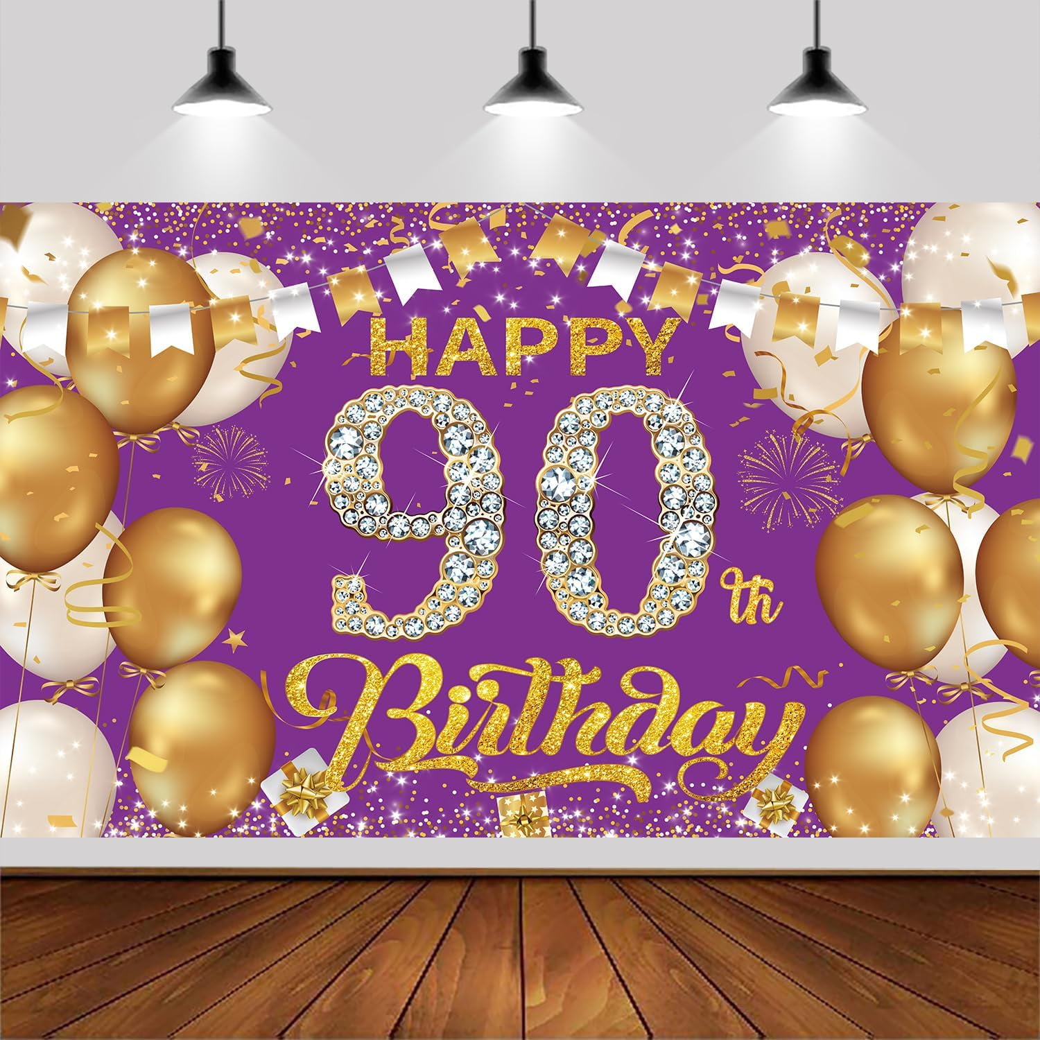 Purple Gold 90th Happy Birthday Backdrop,Pink Gold Happy Birthday ...