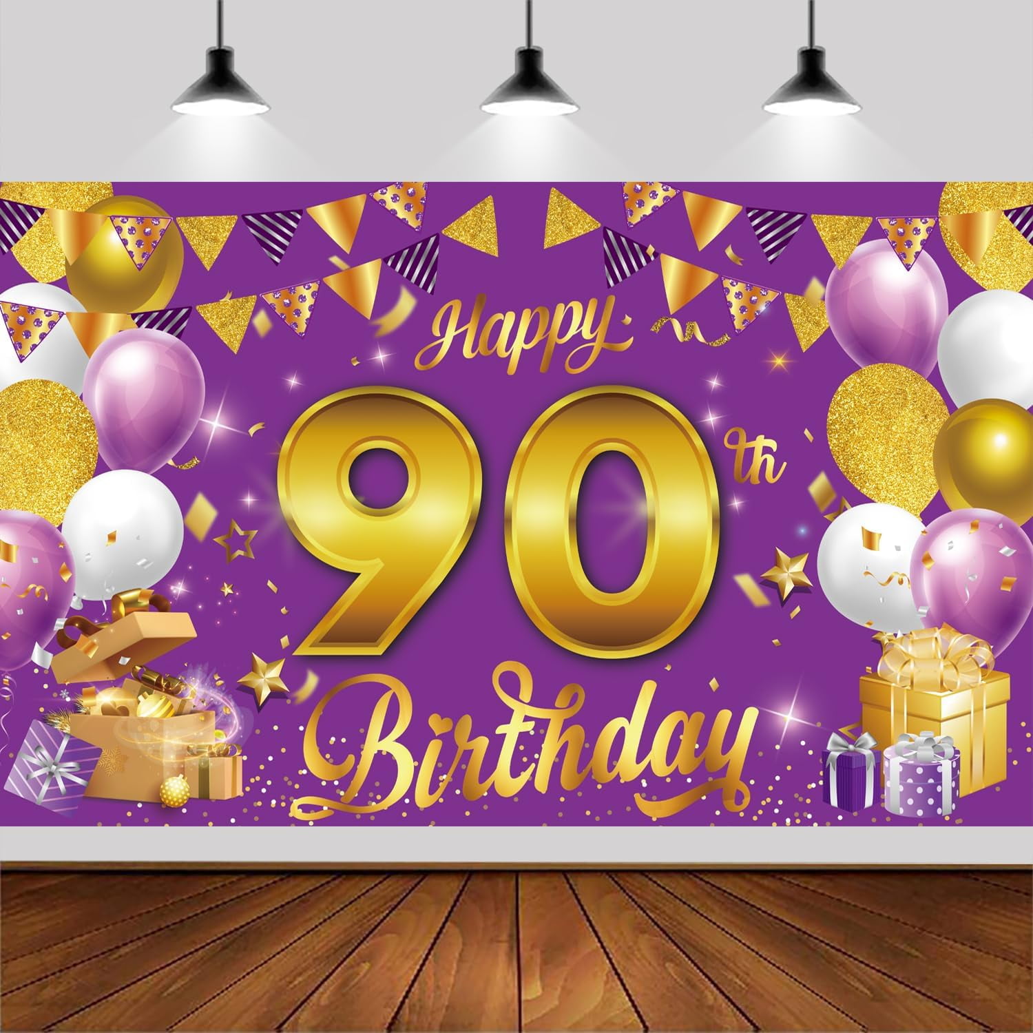Purple Gold 90th Happy Birthday Backdrop,Purple Gold Happy Birthday ...